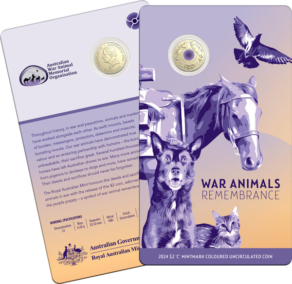 2024 $2 ‘C’ Mintmark Coloured Uncirculated Coin War Animals Remembranc ...